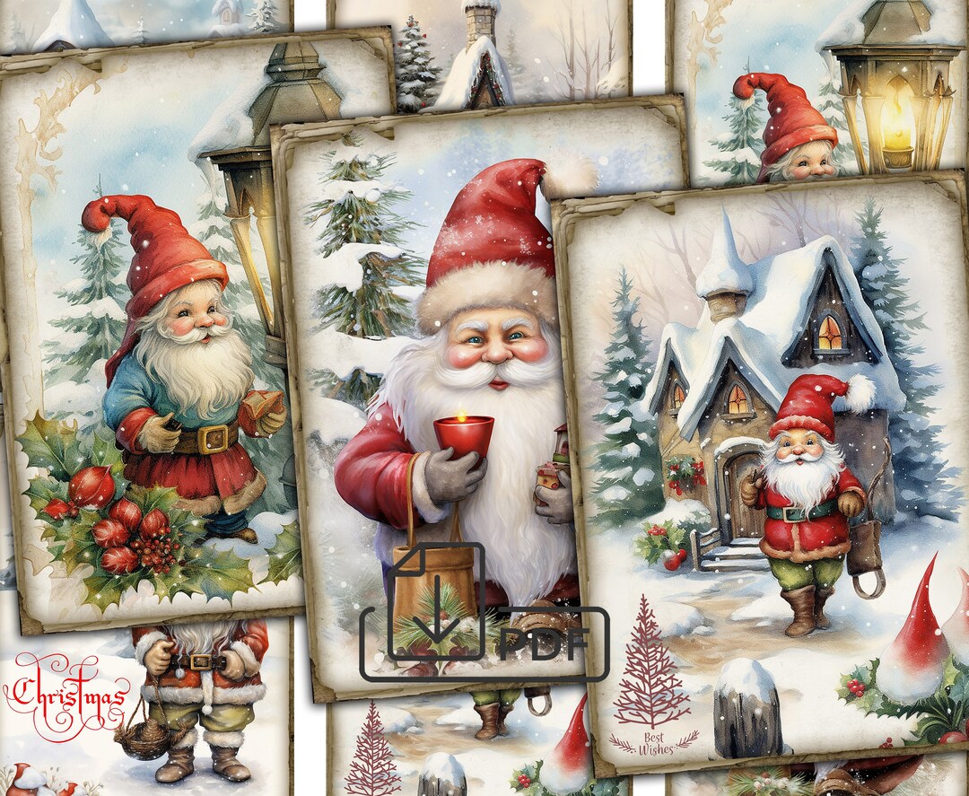 Vintage Christmas Gnomes Picture Collage Printable Cards Atc,xmas ...