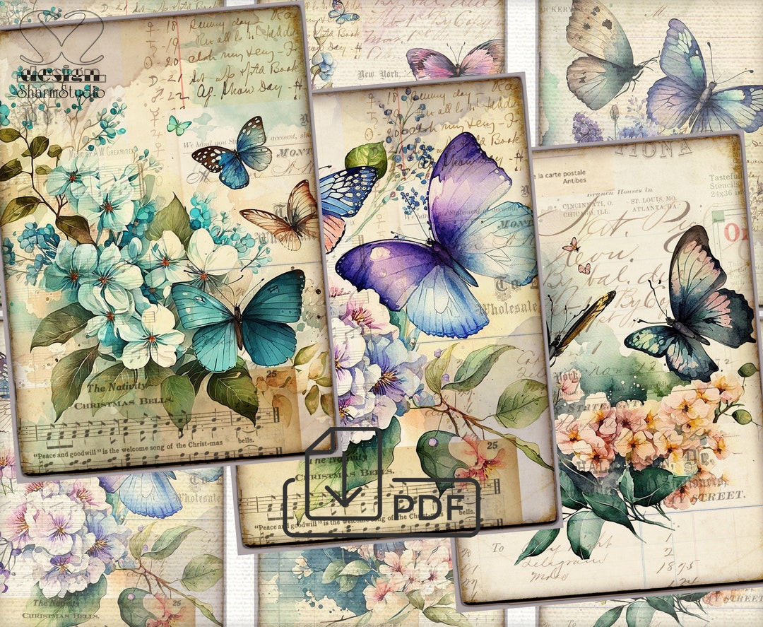Spring Butterflies Flowers Card Set,collage Digital Picture Printable ...