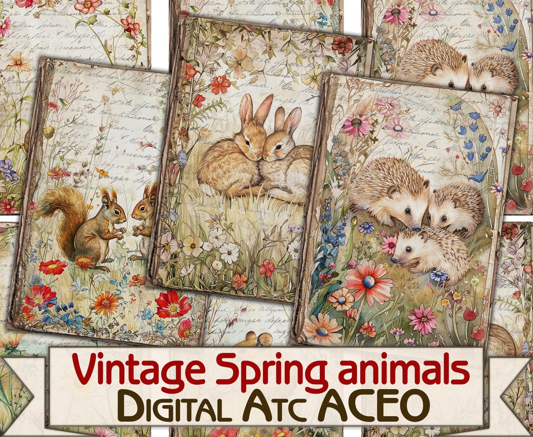 Vintage Spring Animals Collage Digital Picture Printable Cards Atc ACEO ...