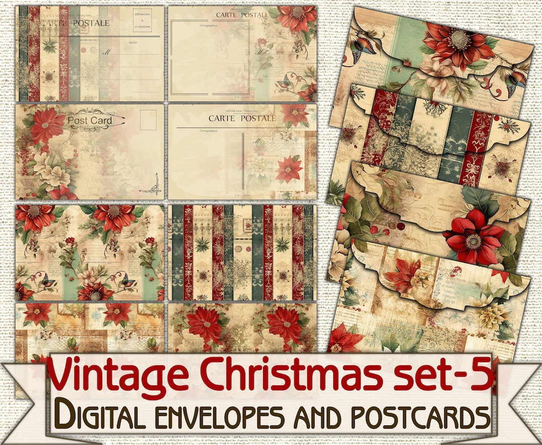 Vintage Christmas Envelopes Printable Set-5,digital Envelope and ...