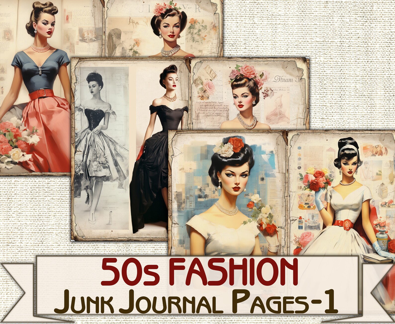 Retro 50s Fashion Junk Journal Pages Part 1, Collage Sheets Printables ...