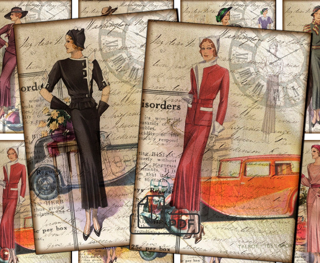 Vintage Digital Fashion Collage Illustration 1930s Collage Sheet,cards ...
