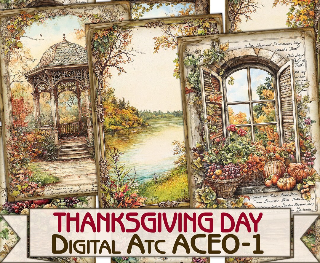 Vintage Thanksgiving Day Picture Collage Printable Cards Atc + Bonus ...