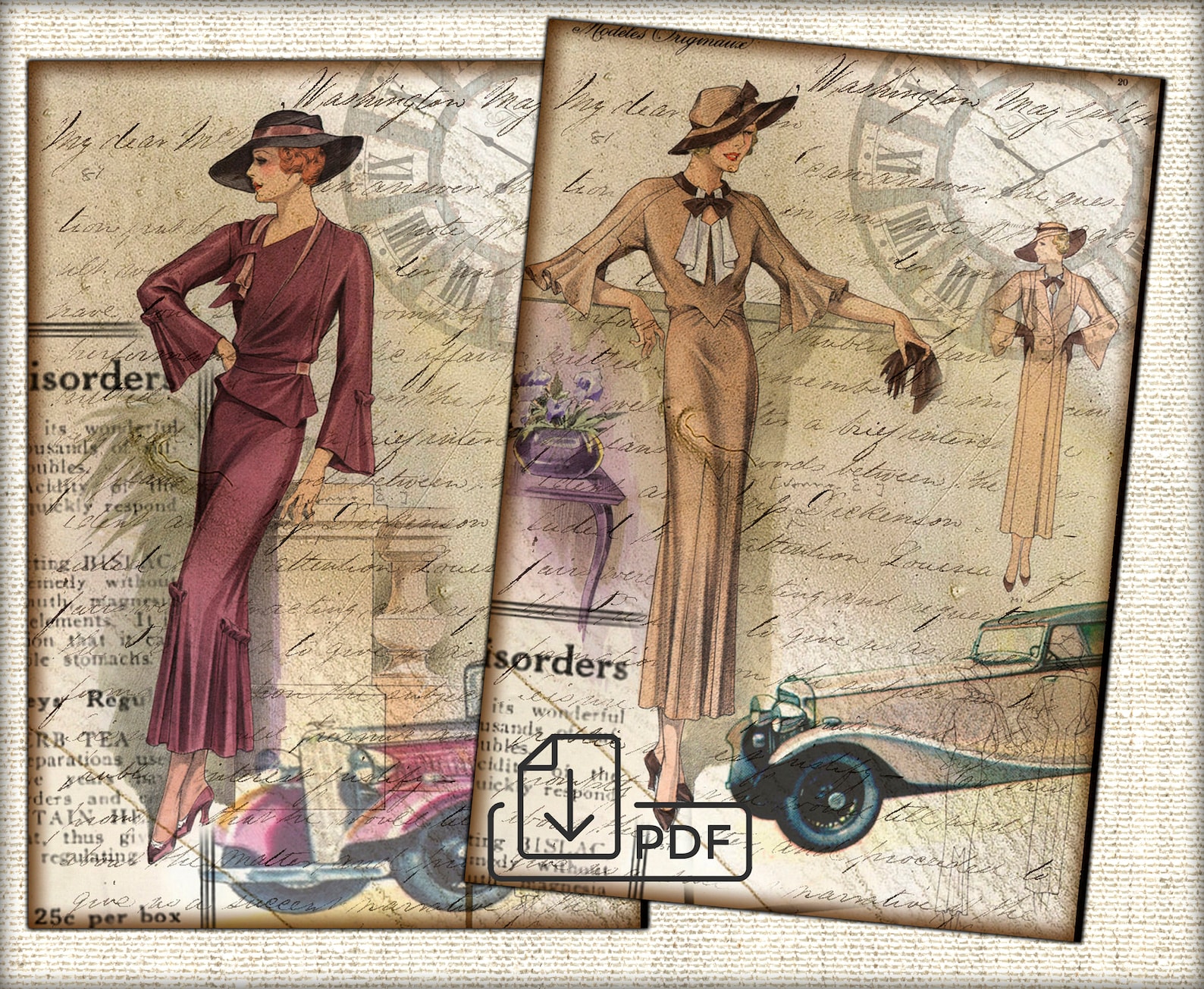 Vintage digital fashion collage illustration 1930s Collage | Etsy