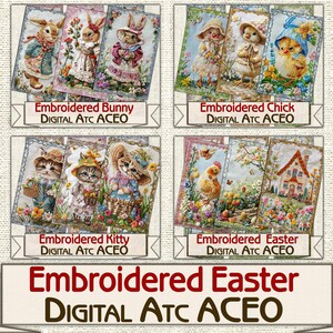 Embroidered Easter Chick Collage Digital Picture Printable Cards Atc ...