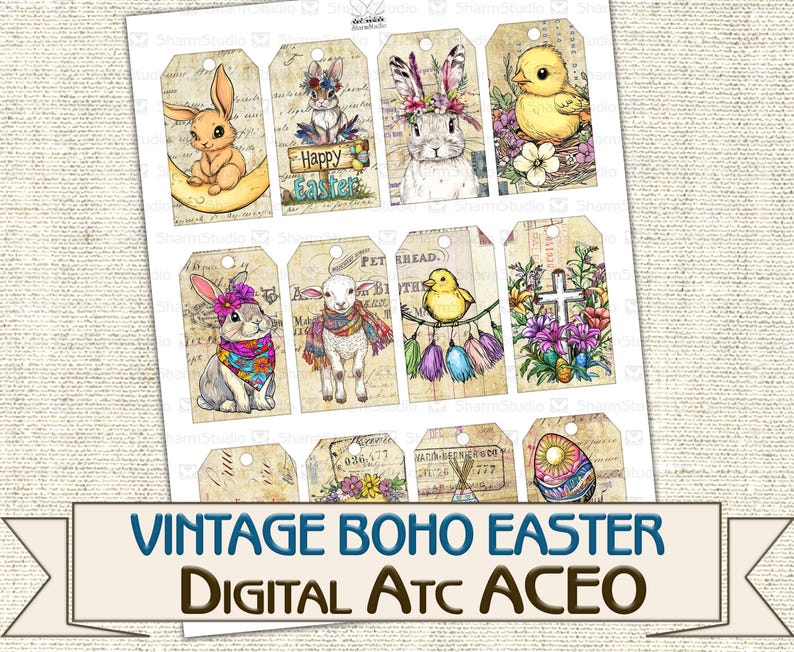 Vintage Boho Easter Picture Collage Printable Cards Atc + Bonus ...