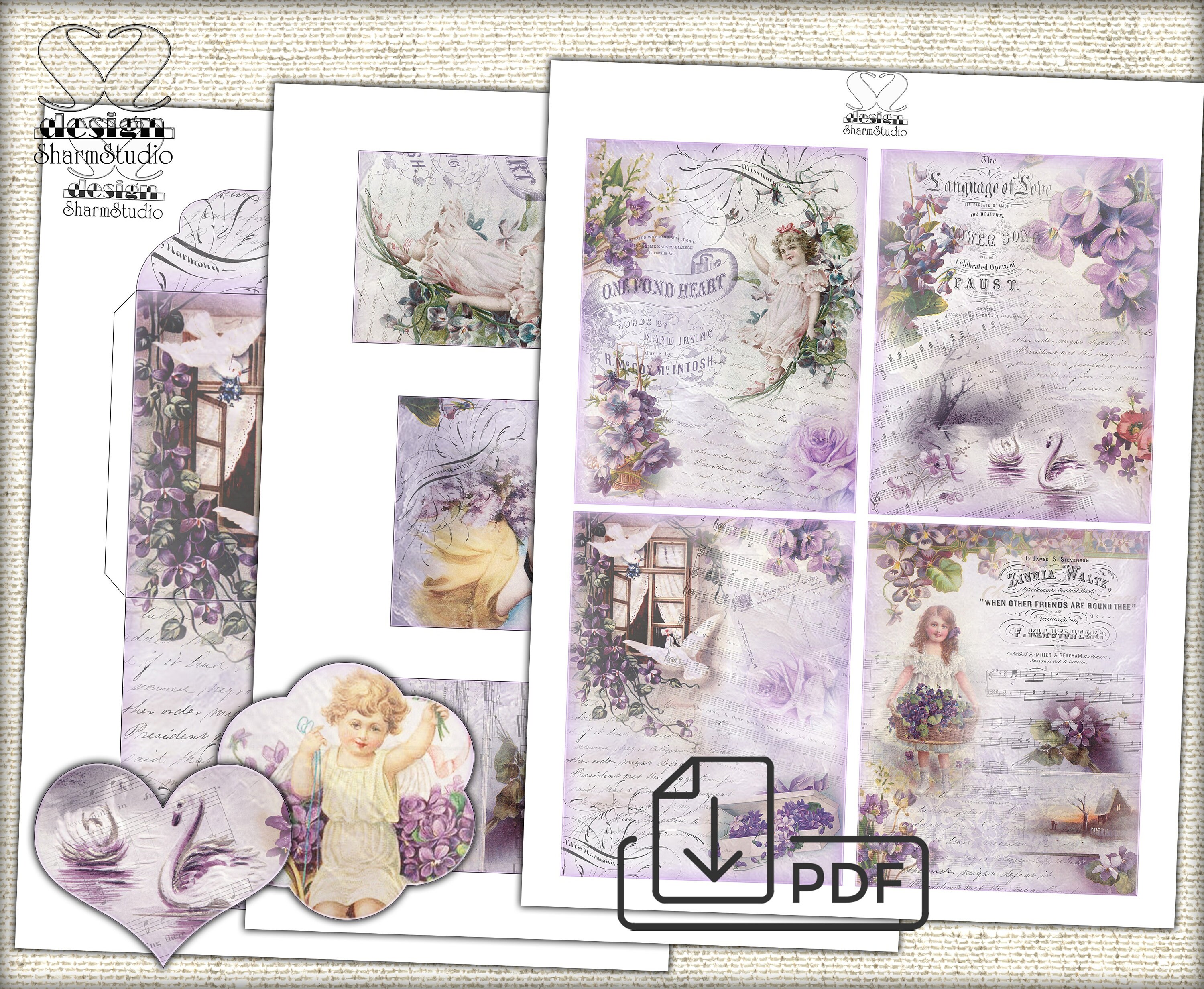 Vintage Violets Collage Digital Envelopes Template Sheet Set | Etsy