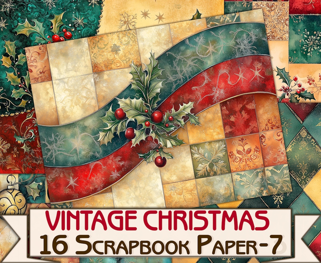 Vintage Christmas Background, Scrapbook Paper Pack-7 Printable 16 Pages ...