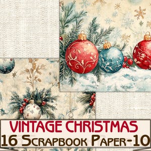 Vintage Christmas Background, Scrapbook Paper Pack-10 Printable 16 ...