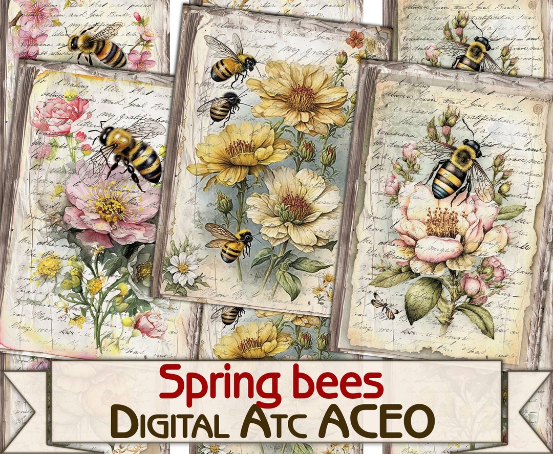Vintage Spring Bees Card Set,collage Insects Digital Picture Printable ...
