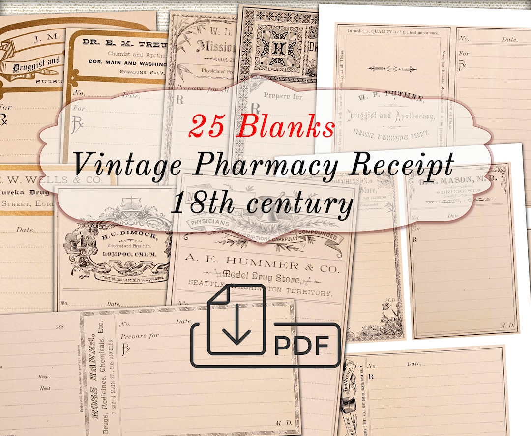 25 Blanks Vintage Pharmacy Receipt Old Ephemera Color Labels #4 18th ...