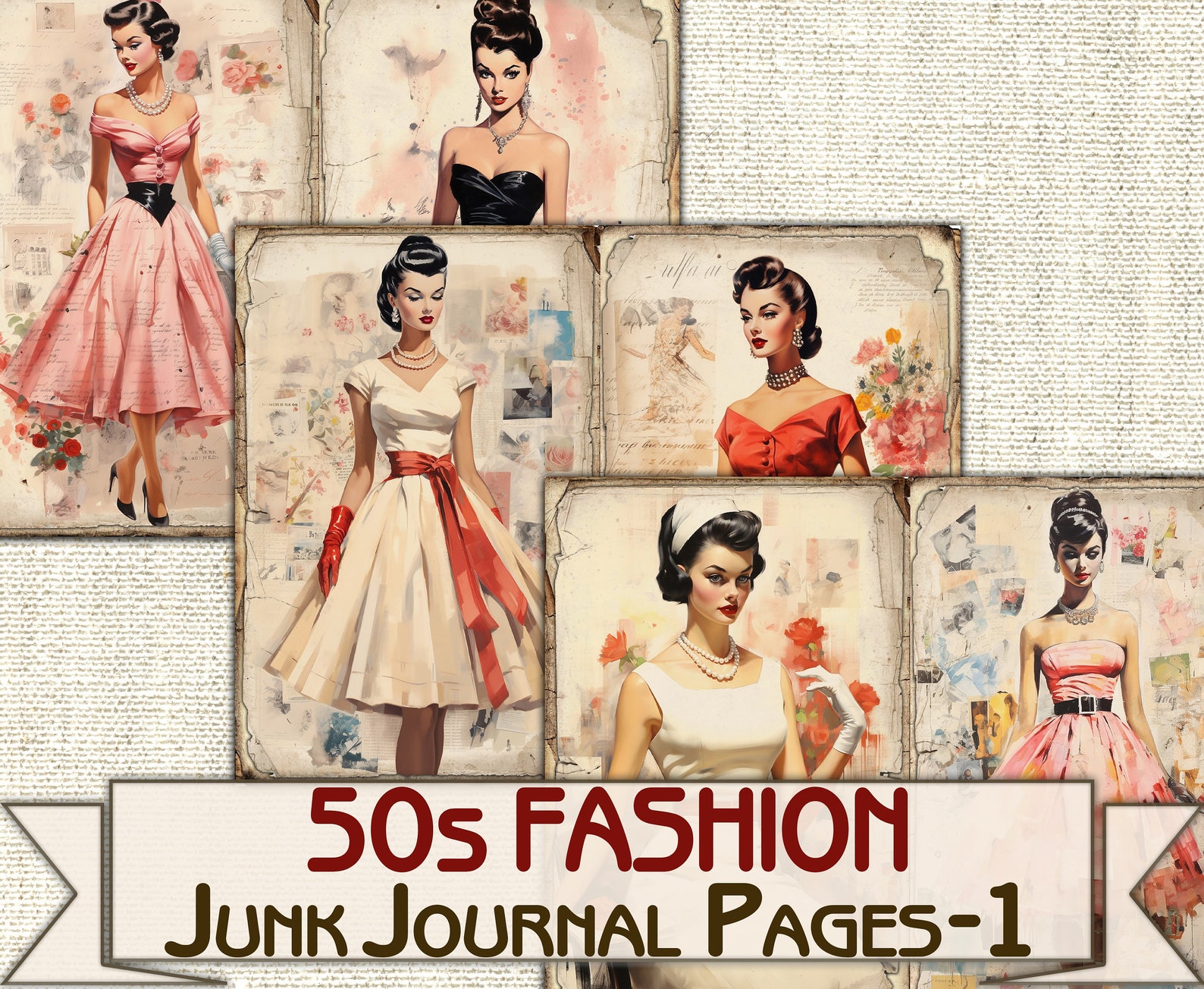 Retro 50s Fashion Junk Journal Pages Part 1, Collage Sheets Printables ...