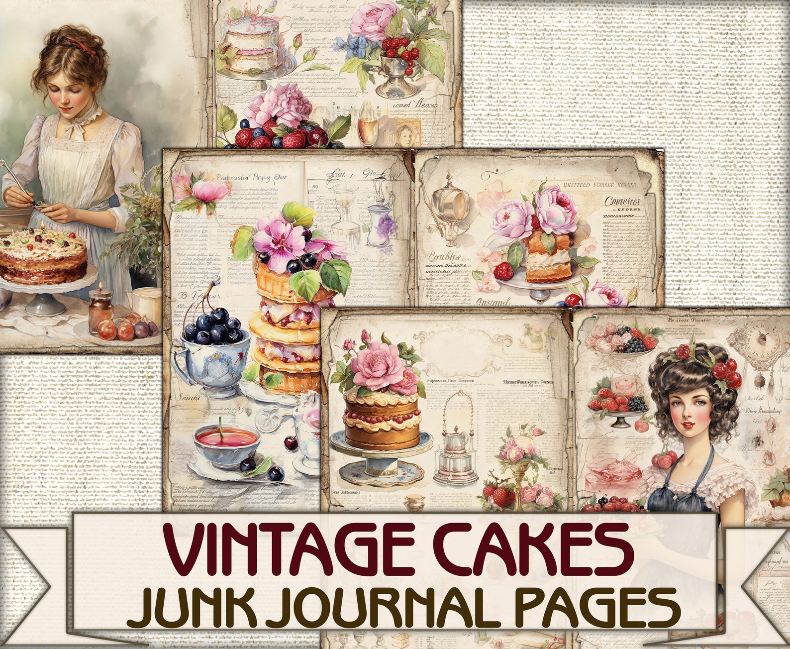 Vintage Cooking Junk Journal,cakes Cookbook Pages Recipe Collage ...