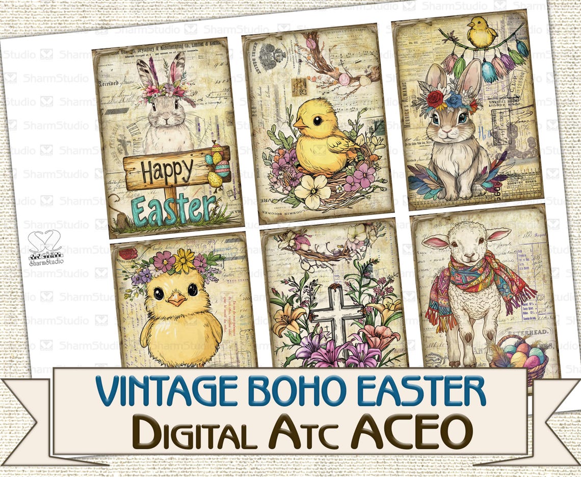 Vintage Boho Easter Picture Collage Printable Cards Atc + Bonus ...