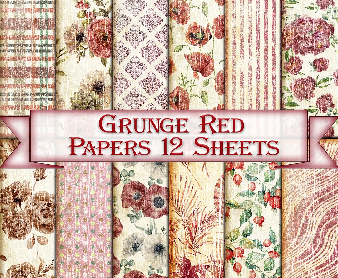 Grunge Red Floral Pattern Papers,kit Backgrounds Printable 12 Pages - Etsy