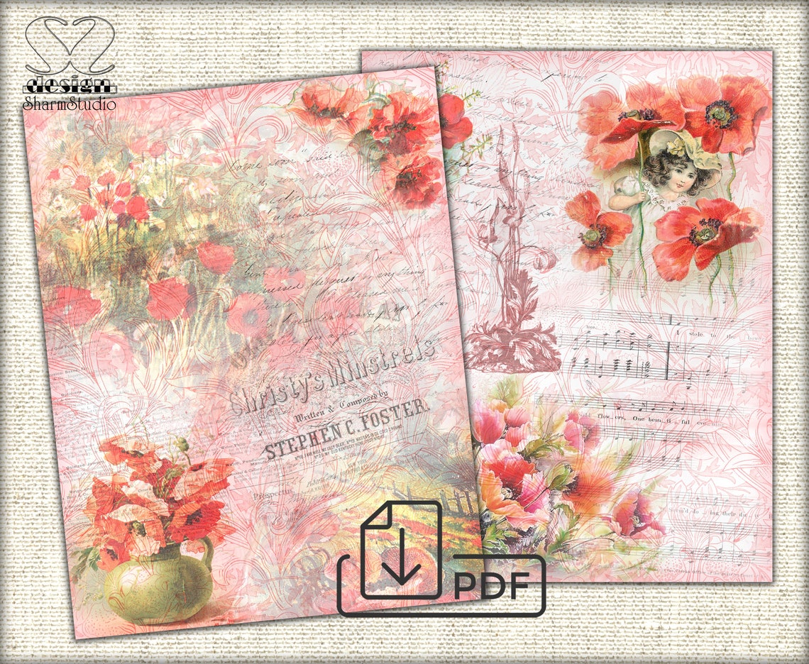 Vintage Poppies Digital Picture Collageprintable Papers - Etsy