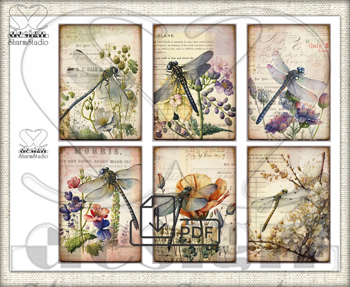 Spring Dragonflies Flowers Card Set,collage Digital Picture Printable ...