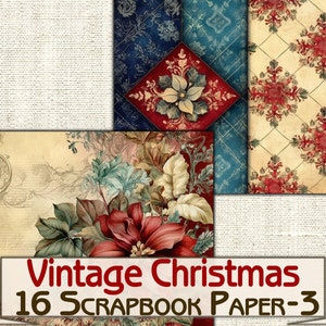 Vintage Christmas Background, Scrapbook Paper Pack-3 Printable 16 Pages ...