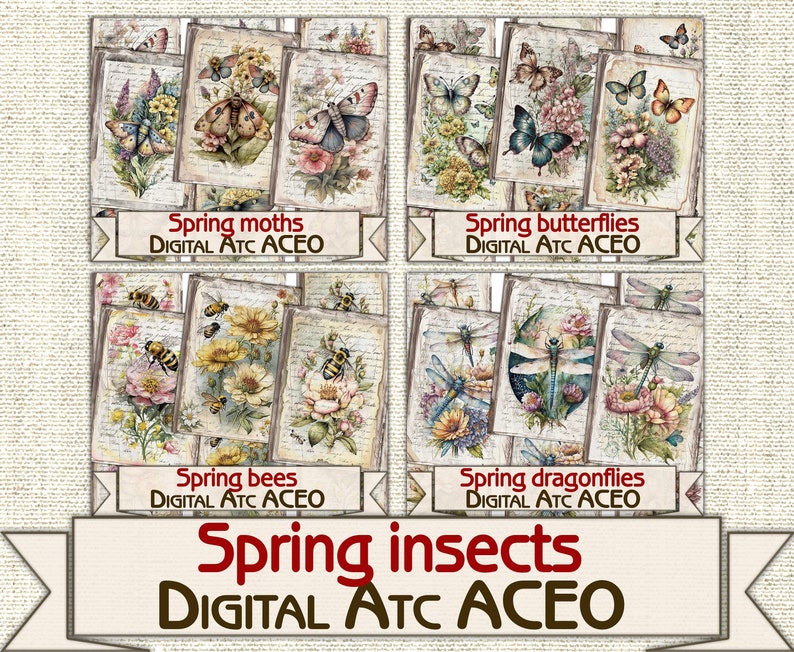 Vintage Spring Dragonflies Card Set,collage Insects Digital Picture ...