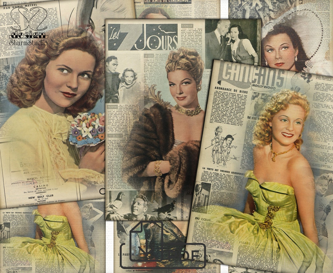 Vintage Digital Fashion Collage Illustration 1940s,french Cinema Atc ...