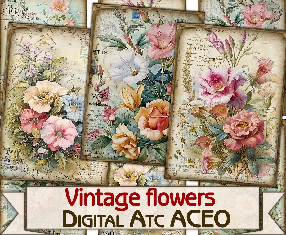 Vintage Flowers Card Set,collage Digital Picture Printable Cards Atc ...