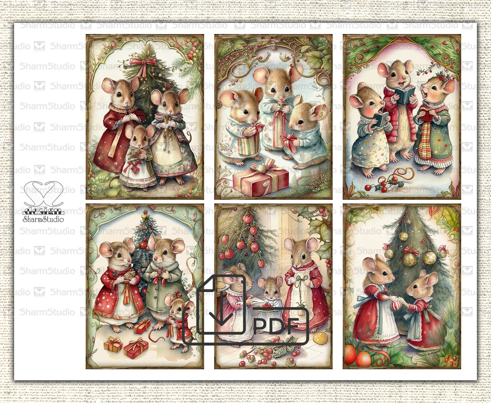 Vintage Christmas Mice,collage Digital Picture Printables Cards Atc ...