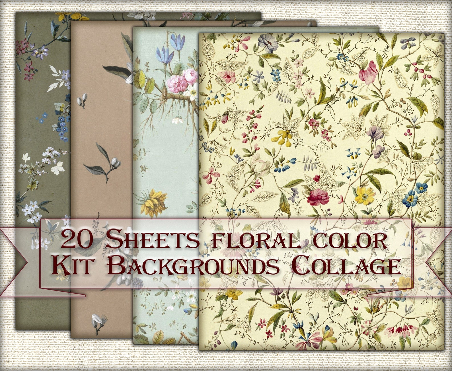 Vintage Kit Backgrounds Botanical Printcollage Sheets Floral | Etsy