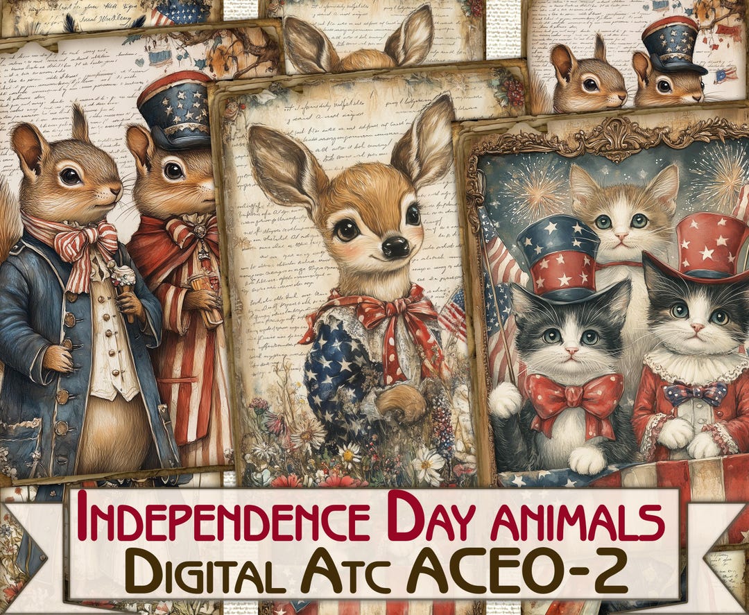 Vintage Independence Day Animals Picture Collage Printable Cards Atc ...