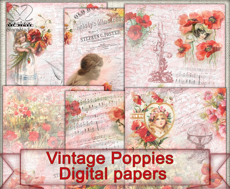 Vintage Poppies Digital Picture Collageprintable Papers - Etsy