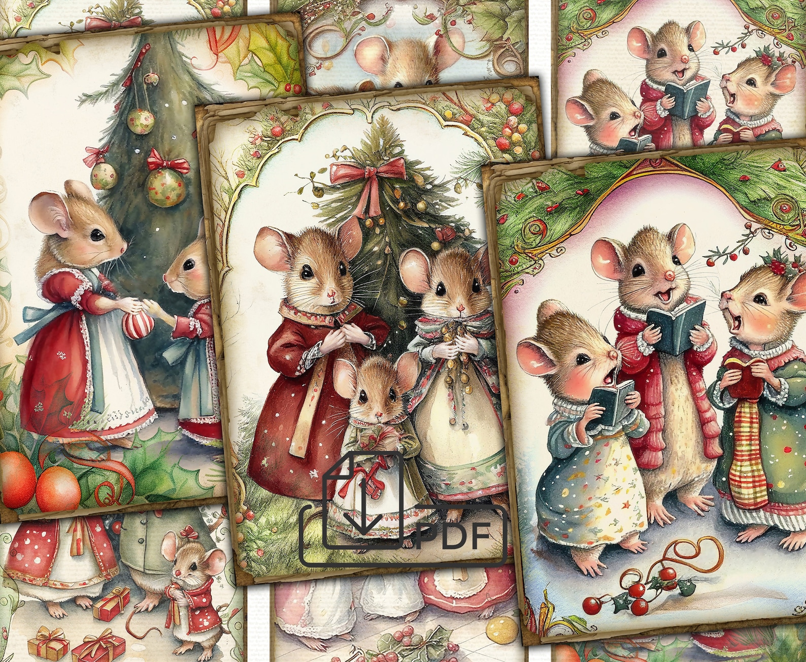 Vintage Christmas Mice,collage Digital Picture Printables Cards Atc ...