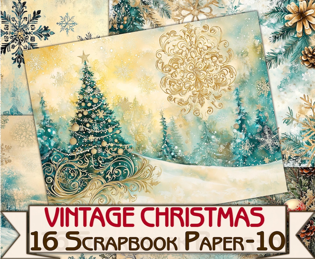 Vintage Christmas Background, Scrapbook Paper Pack-10 Printable 16 ...