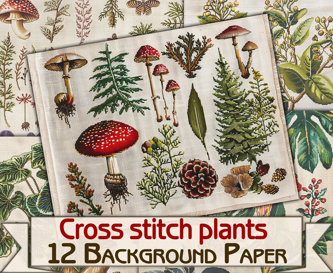 Cross Stitch Botany Plants Background Paper,fabric Embroidery Printable ...