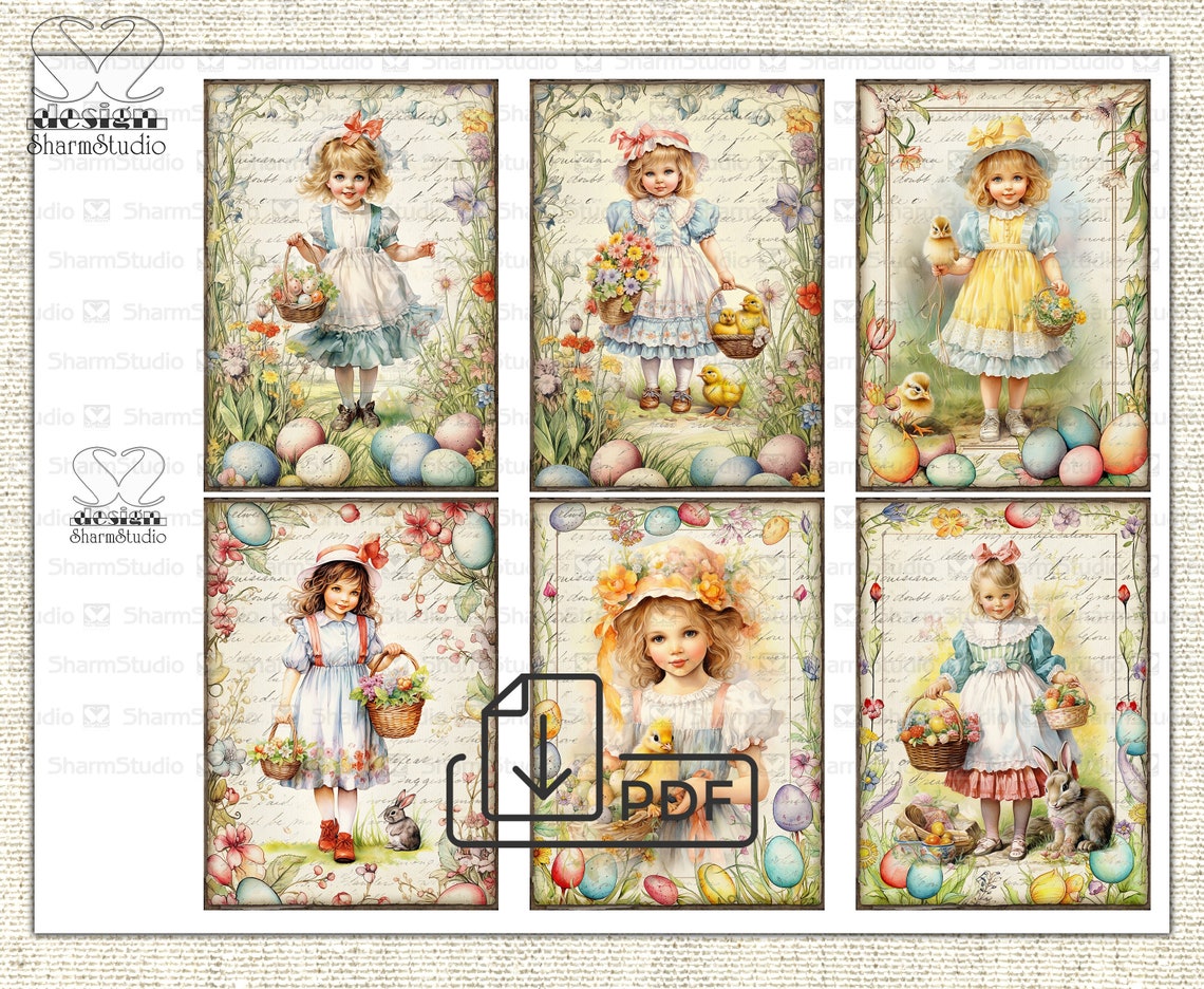 Easter Girls Picture Collage Printable Cards Atc,spring Decoupage ...