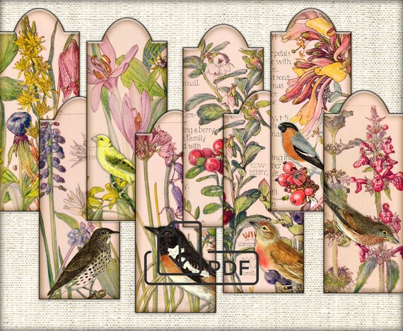 Wildflower Tags Birds Printable Digital Bookmark Junk Journal | Etsy