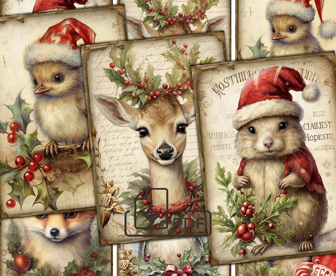 Vintage Christmas Animals Picture Collage Printable Cards Atc,xmas ...