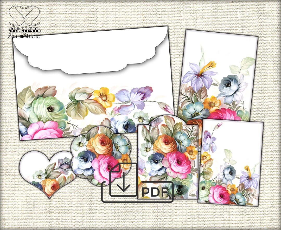Drawn Flowers Pack Digital Envelopes Template Sheet Set Envelope,tags ...