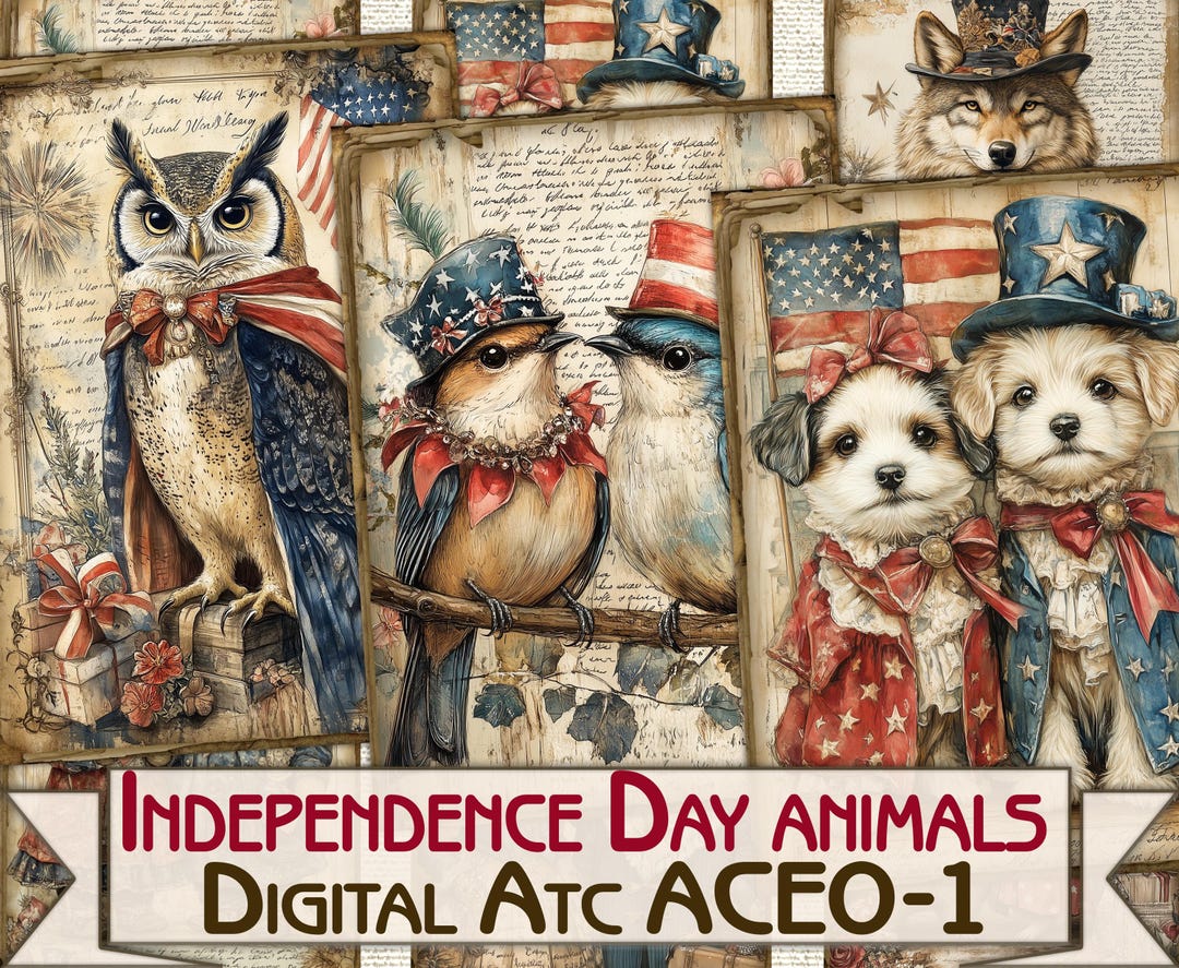 Vintage Independence Day Animals Picture Collage Printable Cards Atc ...
