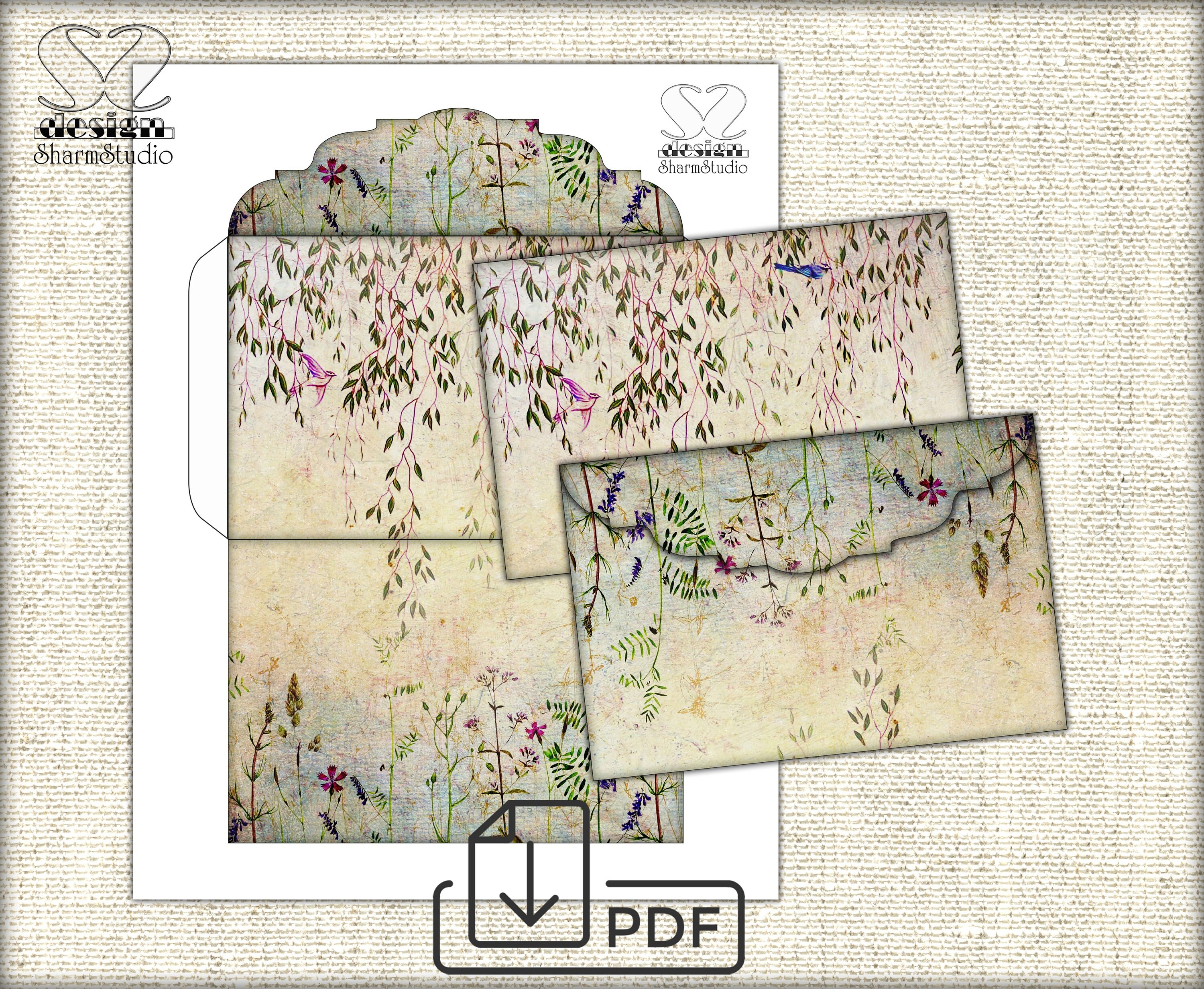 Digital Vintage Leaves Envelopes Printable,envelope Template Watercolor ...