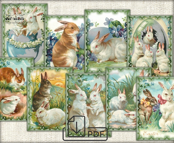 Vintage Easter Bunny Rabbit Art Cards Set-2digital Picture - Etsy