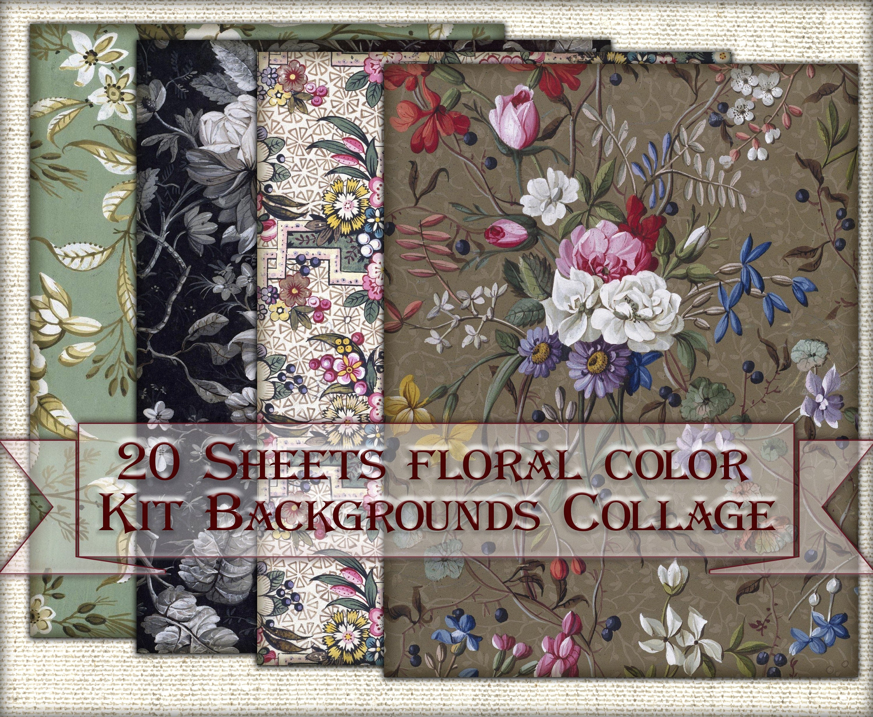 Vintage Kit Backgrounds Botanical Printcollage Sheets Floral | Etsy