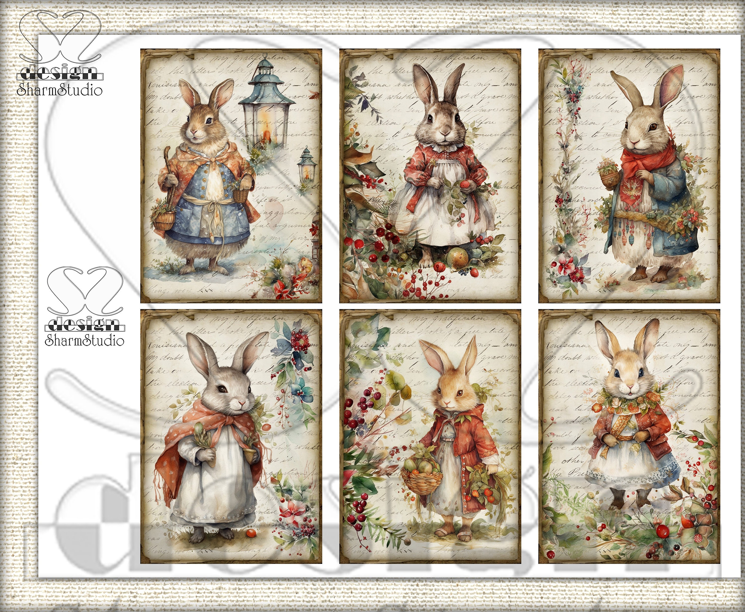 Vintage Winter Rabbit,collage Digital Picture Printables Cards Atc ACEO ...