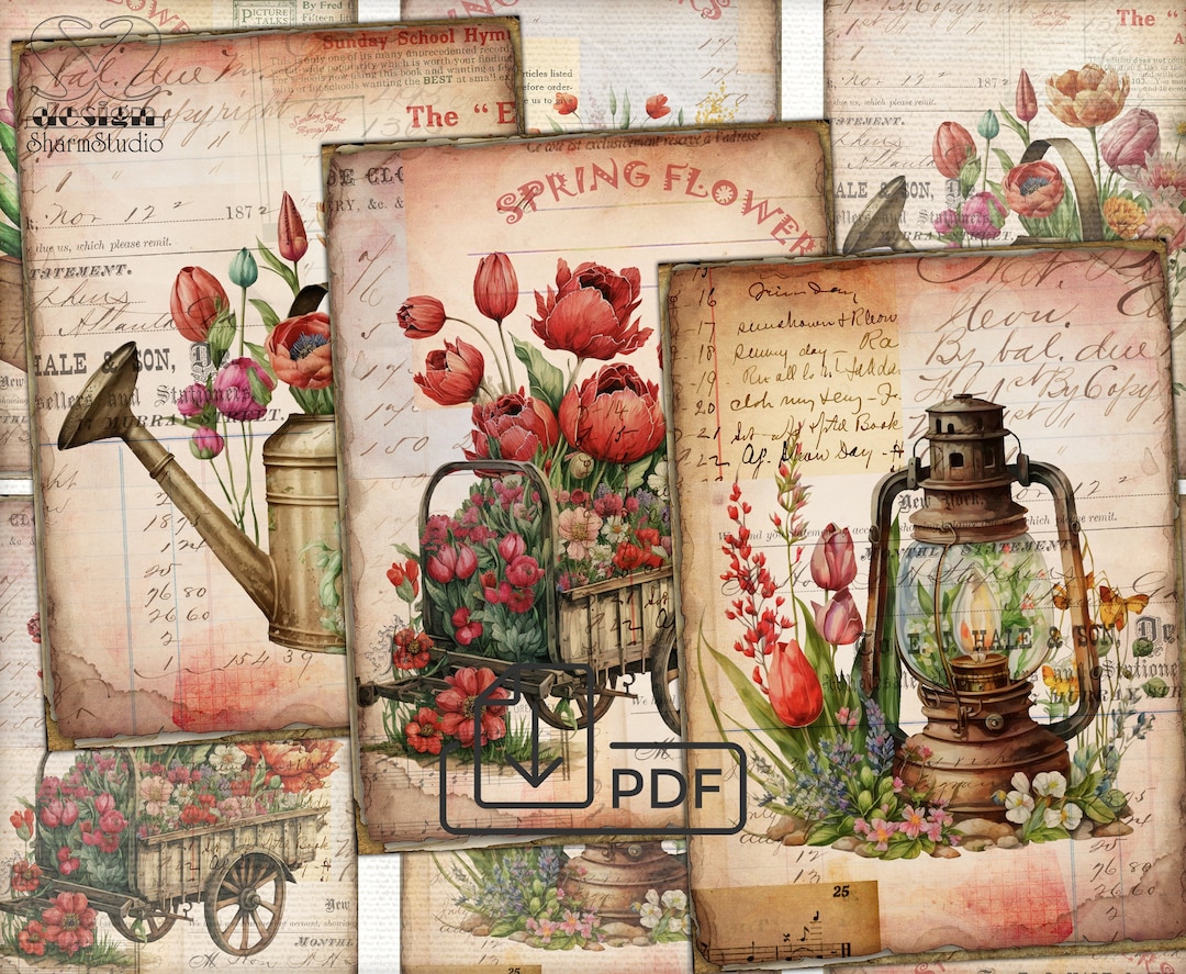 Vintage Spring Flowers Card Set,collage Digital Picture Printable Cards ...