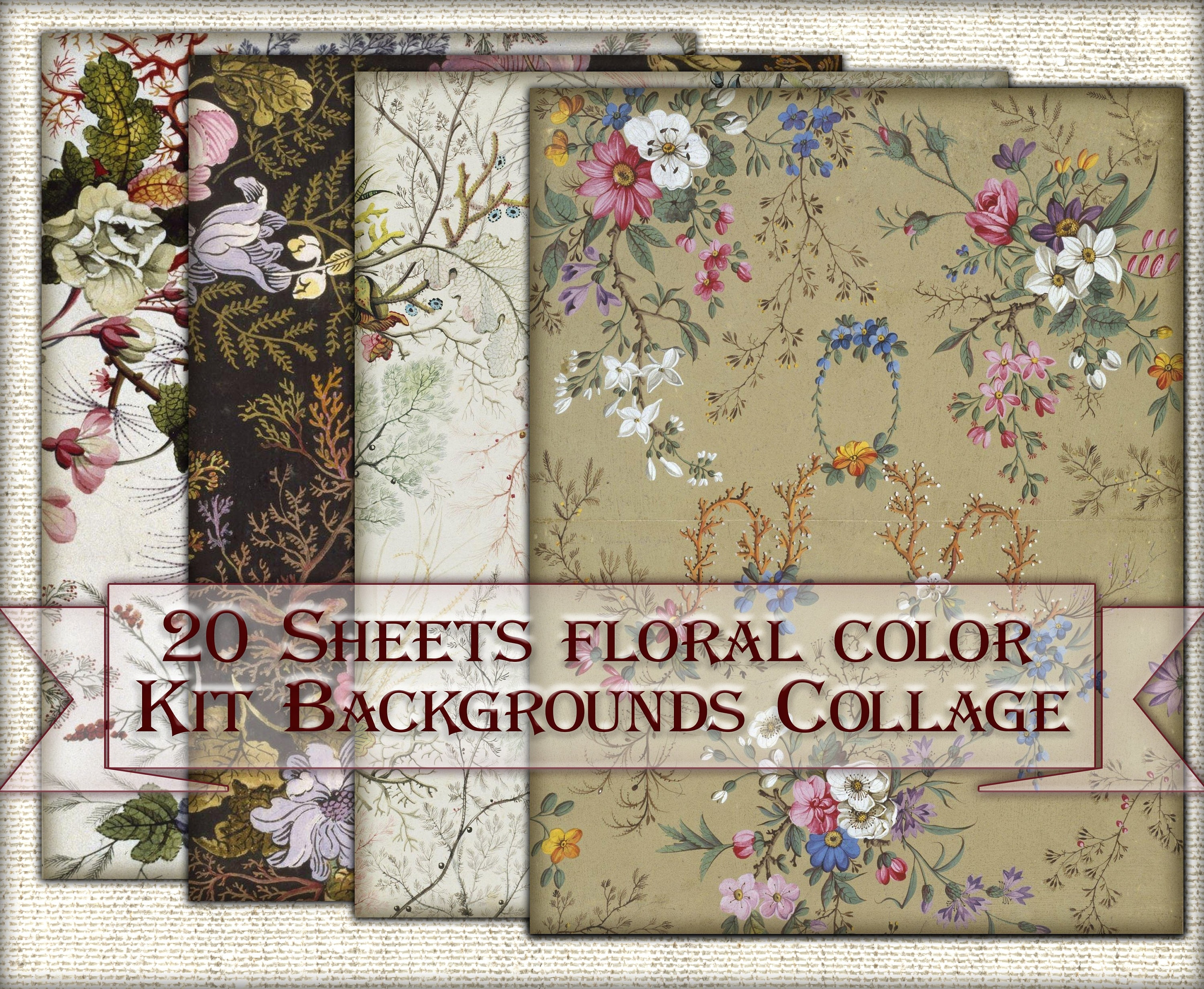 Vintage Kit Backgrounds Botanical Printcollage Sheets Floral | Etsy