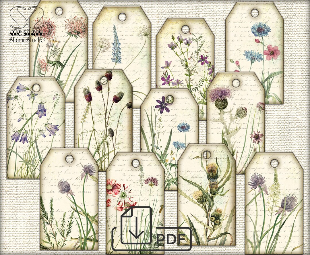 Wildflower Junk Journal Tags, Printable Digital Paper Prints, Vintage ...