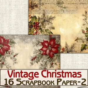Vintage Christmas Background, Scrapbook Paper Pack-2 Printable 16 Pages ...
