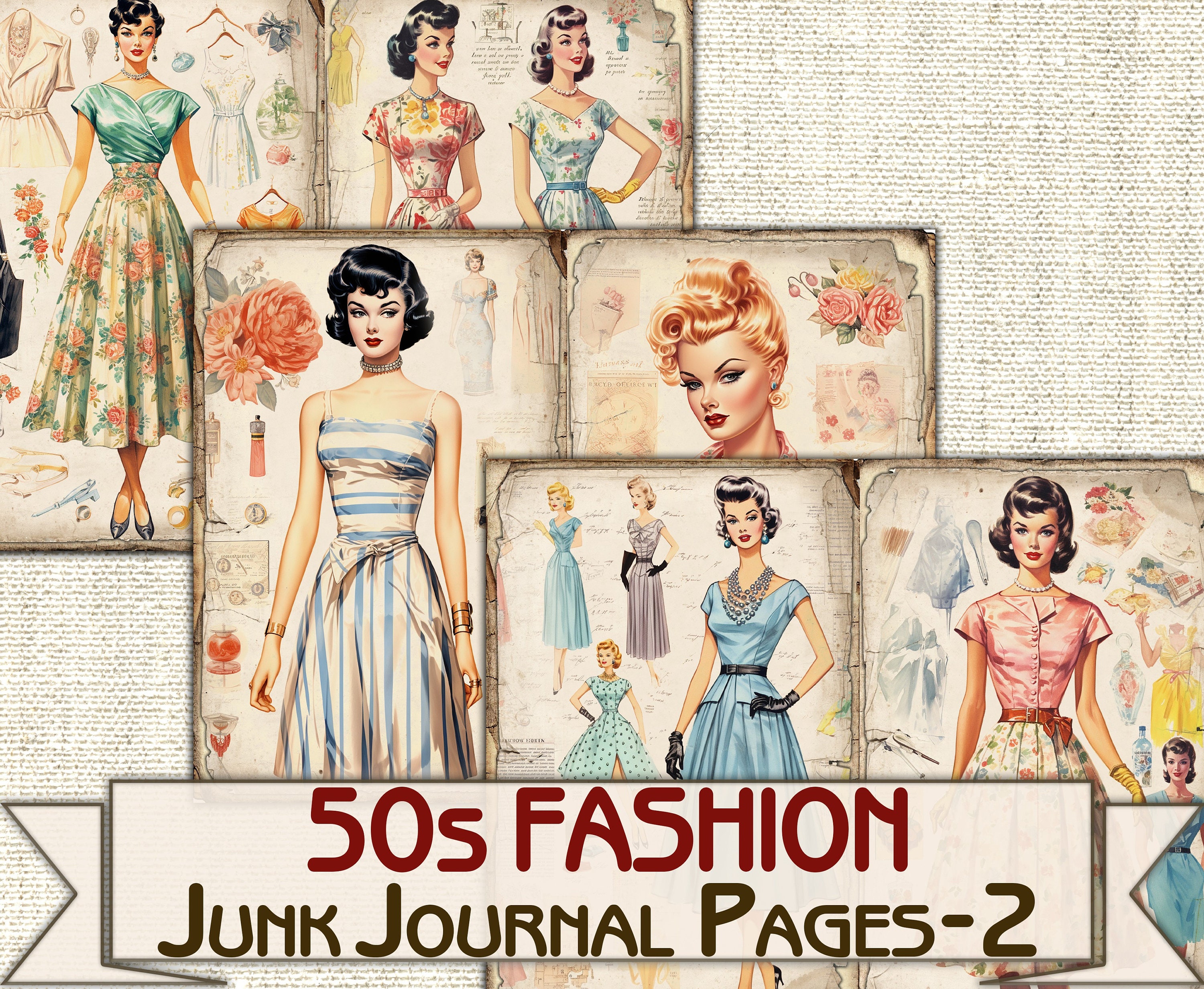 Retro 50s Fashion Junk Journal Pages Part 2, Collage Sheets Printables ...