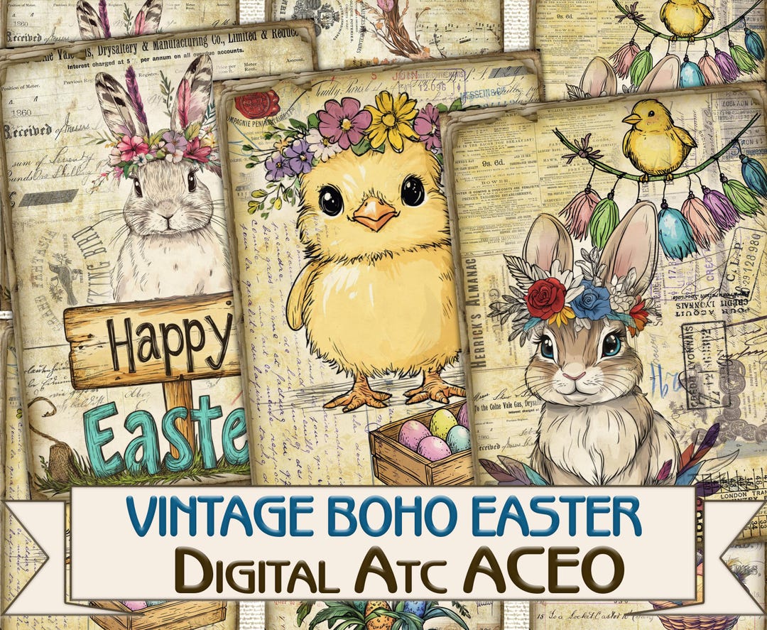 Vintage Boho Easter Picture Collage Printable Cards Atc + Bonus ...