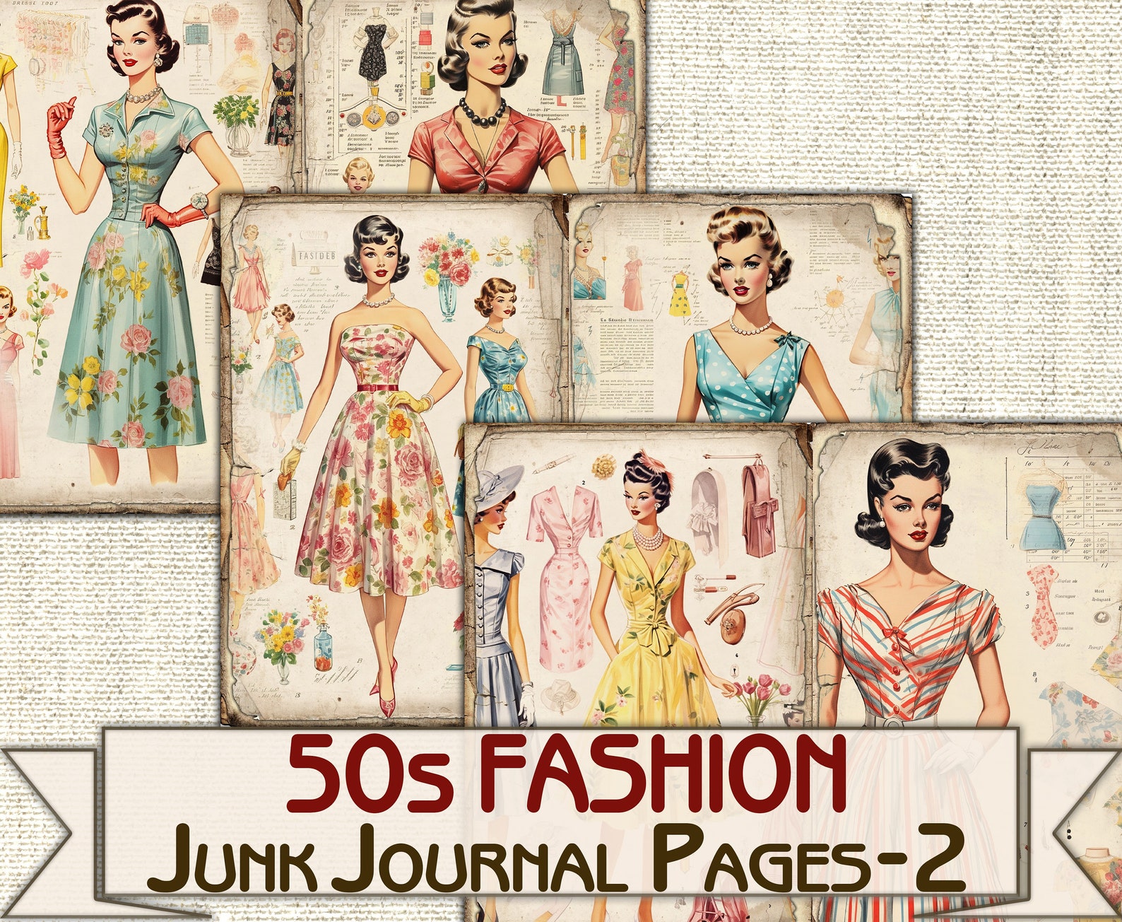 Retro 50s Fashion Junk Journal Pages Part 2, Collage Sheets Printables ...