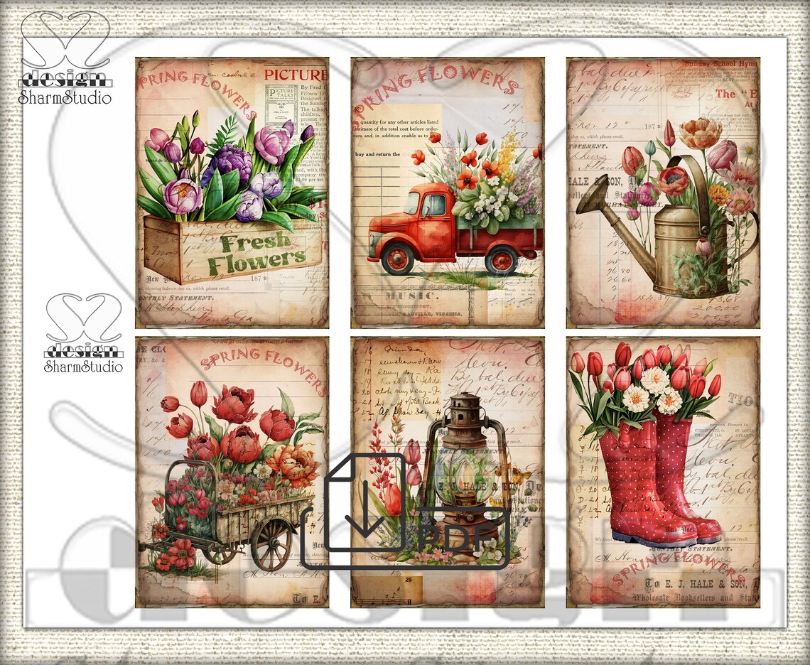 Vintage Spring Flowers Card Setcollage Digital Picture - Etsy