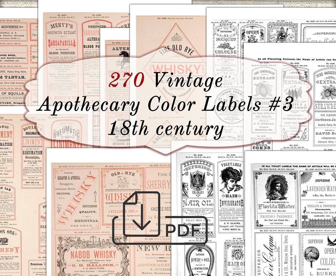 270 Vintage Apothecary Printable Old Ephemera Color Labels #3 18th ...